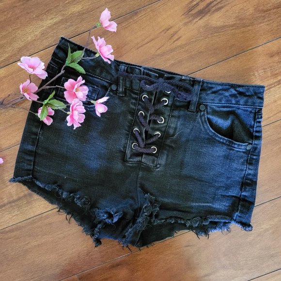 refuge | Shorts | Refuge Distressed Black Lace Up Mini Shorts | Poshmark
